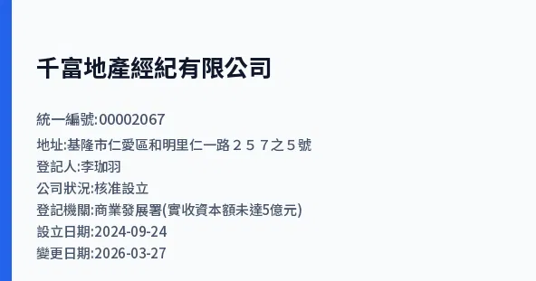 千富地產經紀有限公司的照片-統編 00002067(基隆市) 公司登記資料與營業項目詳細圖表