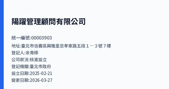 陽躍管理顧問有限公司的照片-統編 00003903(臺北市) 公司登記資料與營業項目詳細圖表