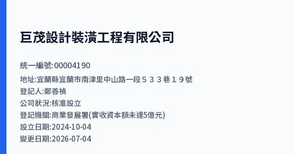 巨茂設計裝潢工程有限公司的照片-統編 00004190(宜蘭縣) 公司登記資料與營業項目詳細圖表