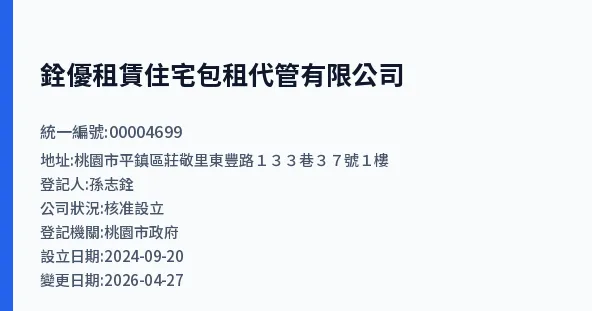 銓優租賃住宅包租代管有限公司的照片-統編 00004699(桃園市) 公司登記資料與營業項目詳細圖表