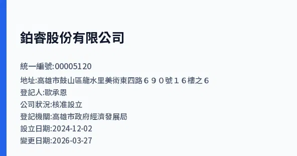 鉑睿股份有限公司的照片-統編 00005120(高雄市) 公司登記資料與營業項目詳細圖表