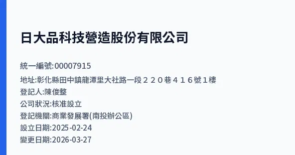 日大品科技營造股份有限公司的照片-統編 00007915(彰化縣) 公司登記資料與營業項目詳細圖表