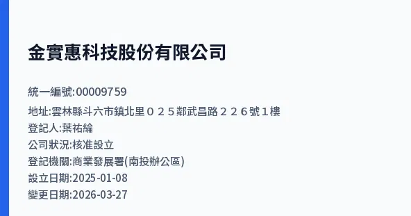 金實惠科技股份有限公司的照片-統編 00009759(雲林縣) 公司登記資料與營業項目詳細圖表