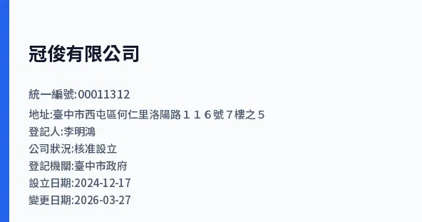冠俊有限公司的照片-統編 00011312(臺中市) 公司登記資料與營業項目詳細圖表