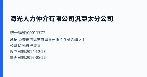 海光人力仲介有限公司汎亞太分公司的照片-統編 00011777(嘉義市) 公司登記資料與營業項目詳細圖表