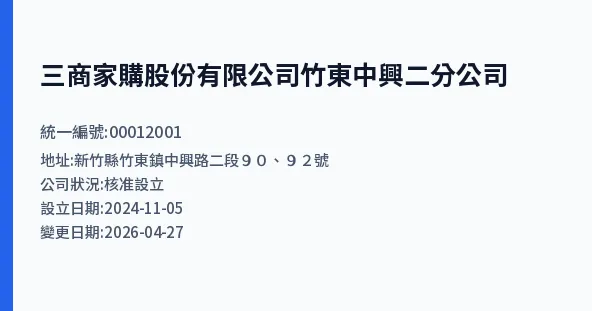 三商家購股份有限公司竹東中興二分公司的照片-統編 00012001(新竹縣) 公司登記資料與營業項目詳細圖表