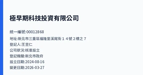 極早期科技投資有限公司的照片-統編 00012868(新北市) 公司登記資料與營業項目詳細圖表