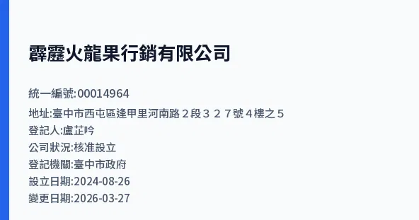 霹靂火龍果行銷有限公司的照片-統編 00014964(臺中市) 公司登記資料與營業項目詳細圖表