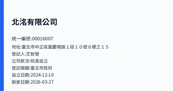 北洺有限公司的照片-統編 00016007(臺北市) 公司登記資料與營業項目詳細圖表