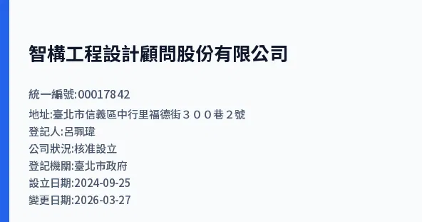 智構工程設計顧問股份有限公司的照片-統編 00017842(臺北市) 公司登記資料與營業項目詳細圖表