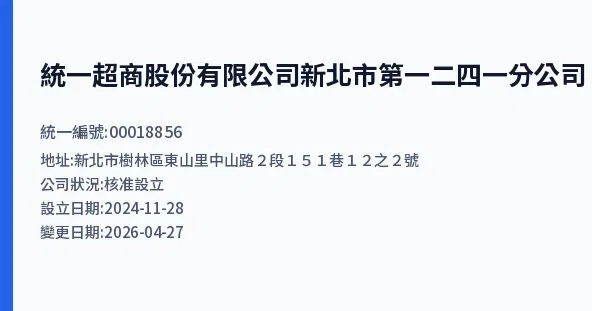 統一超商股份有限公司新北市第一二四一分公司的照片-統編 00018856(新北市) 公司登記資料與營業項目詳細圖表