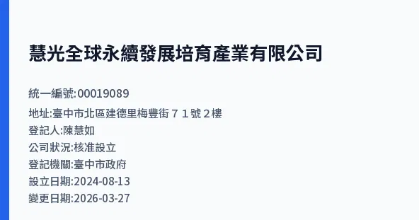慧光全球永續發展培育產業有限公司的照片-統編 00019089(臺中市) 公司登記資料與營業項目詳細圖表