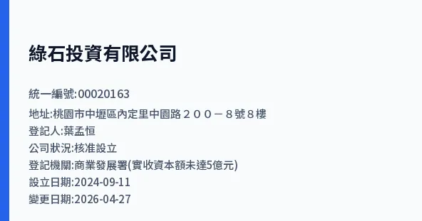 綠石投資有限公司的照片-統編 00020163(桃園市) 公司登記資料與營業項目詳細圖表