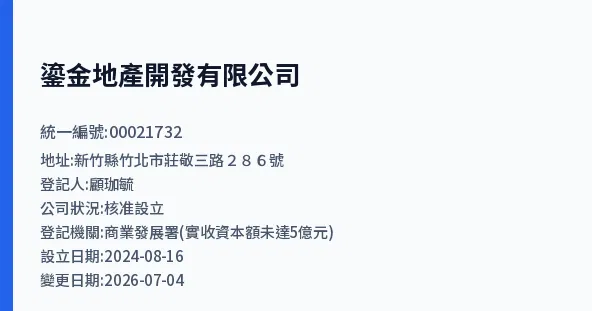 鎏金地產開發有限公司的照片-統編 00021732(新竹縣) 公司登記資料與營業項目詳細圖表