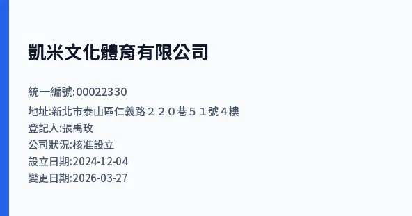 凱米文化體育有限公司的照片-統編 00022330(新北市) 公司登記資料與營業項目詳細圖表