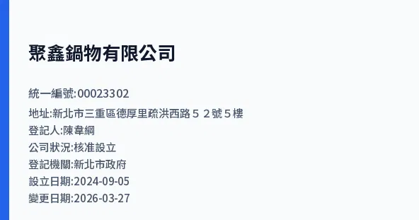 聚鑫鍋物有限公司的照片-統編 00023302(新北市) 公司登記資料與營業項目詳細圖表
