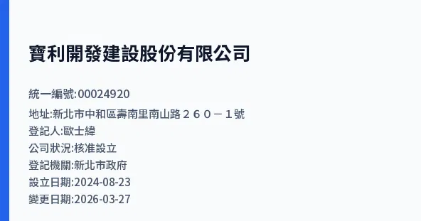 寶利開發建設股份有限公司的照片-統編 00024920(新北市) 公司登記資料與營業項目詳細圖表