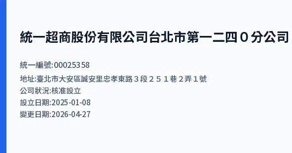 統一超商股份有限公司台北市第一二四0分公司的照片-統編 00025358(臺北市) 公司登記資料與營業項目詳細圖表