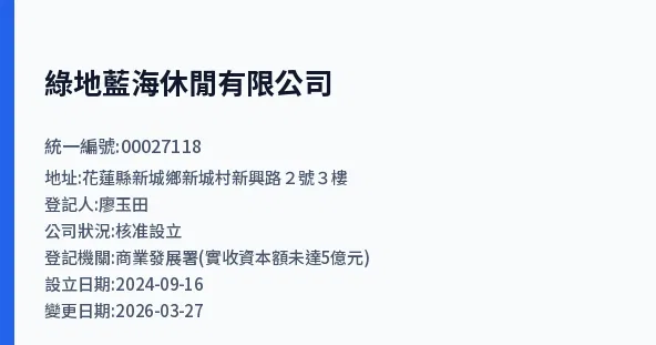 綠地藍海休閒有限公司的照片-統編 00027118(花蓮縣) 公司登記資料與營業項目詳細圖表