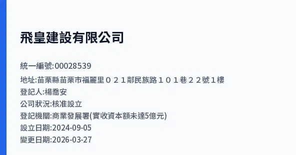 飛皇建設有限公司的照片-統編 00028539(苗栗縣) 公司登記資料與營業項目詳細圖表