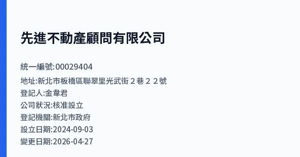 先進不動產顧問有限公司的照片-統編 00029404(新北市) 公司登記資料與營業項目詳細圖表