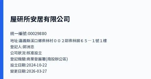 屋研所安居有限公司的照片-統編 00029880(嘉義縣) 公司登記資料與營業項目詳細圖表