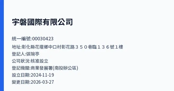 宇磐國際有限公司的照片-統編 00030423(彰化縣) 公司登記資料與營業項目詳細圖表