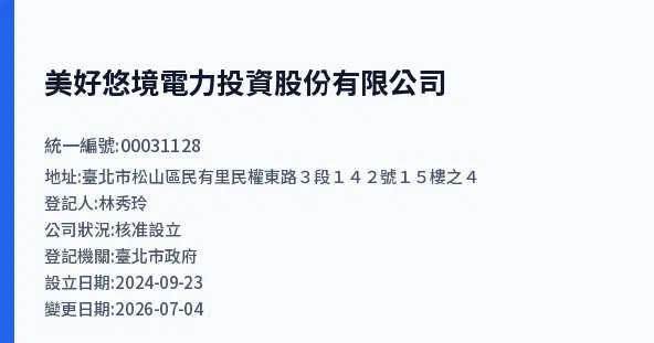 美好悠境電力投資股份有限公司的照片-統編 00031128(臺北市) 公司登記資料與營業項目詳細圖表
