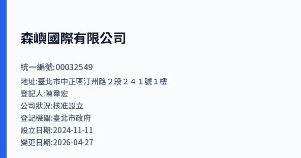森嶼國際有限公司的照片-統編 00032549(臺北市) 公司登記資料與營業項目詳細圖表