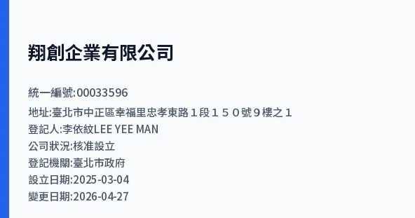 翔創企業有限公司的照片-統編 00033596(臺北市) 公司登記資料與營業項目詳細圖表