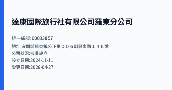 達康國際旅行社有限公司羅東分公司的照片-統編 00033857(宜蘭縣) 公司登記資料與營業項目詳細圖表
