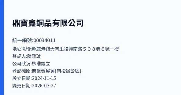鼎寶鑫鋼品有限公司的照片-統編 00034011(彰化縣) 公司登記資料與營業項目詳細圖表