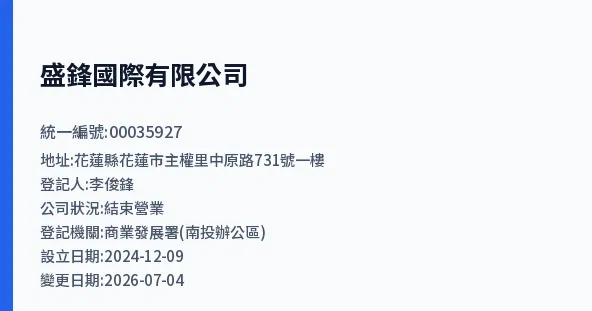 盛鋒國際有限公司的照片-統編 00035927(花蓮縣) 公司登記資料與營業項目詳細圖表