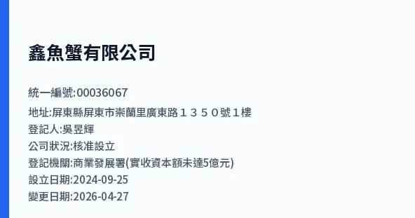 鑫魚蟹有限公司的照片-統編 00036067(屏東縣) 公司登記資料與營業項目詳細圖表