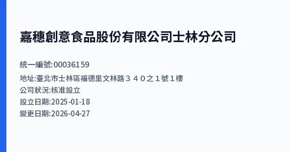 嘉穗創意食品股份有限公司士林分公司的照片-統編 00036159(臺北市) 公司登記資料與營業項目詳細圖表