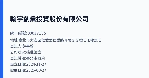 翰宇創業投資股份有限公司的照片-統編 00037185(臺北市) 公司登記資料與營業項目詳細圖表
