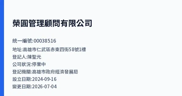 榮圓管理顧問有限公司的照片-統編 00038516(高雄市) 公司登記資料與營業項目詳細圖表