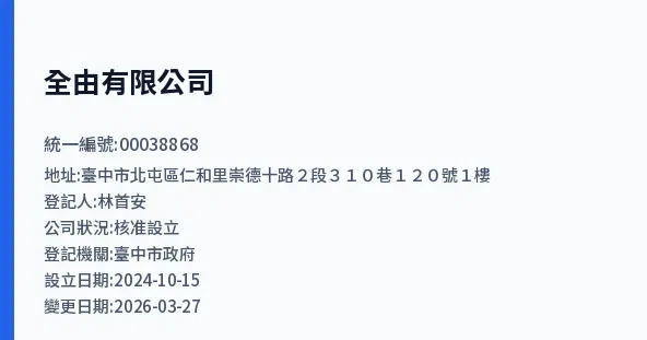 全由有限公司的照片-統編 00038868(臺中市) 公司登記資料與營業項目詳細圖表