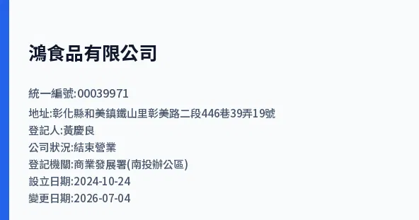 鴻食品有限公司的照片-統編 00039971(彰化縣) 公司登記資料與營業項目詳細圖表