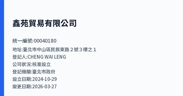鑫苑貿易有限公司的照片-統編 00040180(臺北市) 公司登記資料與營業項目詳細圖表