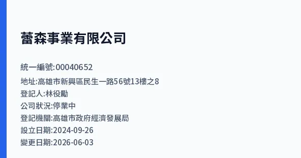 蕾森事業有限公司的照片-統編 00040652(高雄市) 公司登記資料與營業項目詳細圖表