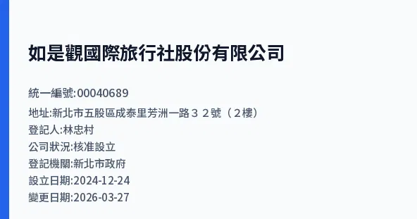 如是觀國際旅行社股份有限公司的照片-統編 00040689(新北市) 公司登記資料與營業項目詳細圖表
