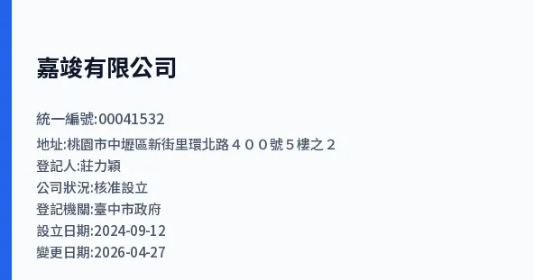 嘉竣有限公司的照片-統編 00041532(桃園市) 公司登記資料與營業項目詳細圖表