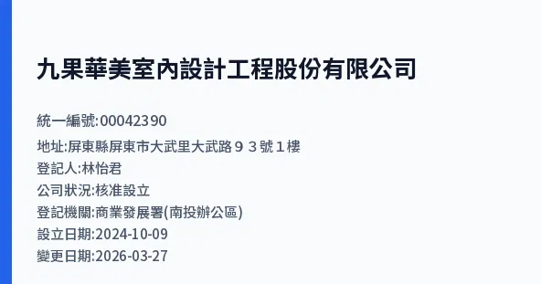 九果華美室內設計工程股份有限公司的照片-統編 00042390(屏東縣) 公司登記資料與營業項目詳細圖表
