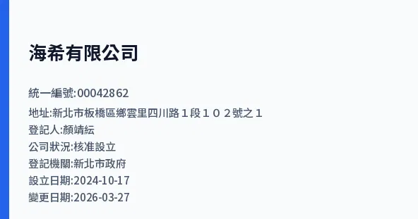 海希有限公司的照片-統編 00042862(新北市) 公司登記資料與營業項目詳細圖表