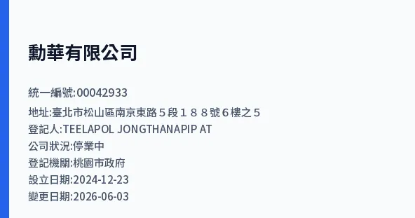 勳華有限公司的照片-統編 00042933(臺北市) 公司登記資料與營業項目詳細圖表