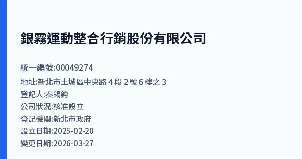 銀霧運動整合行銷股份有限公司的照片-統編 00049274(新北市) 公司登記資料與營業項目詳細圖表