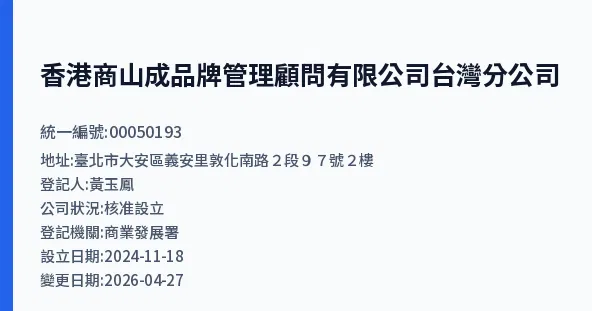香港商山成品牌管理顧問有限公司台灣分公司的照片-統編 00050193(臺北市) 公司登記資料與營業項目詳細圖表