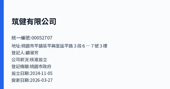 筑健有限公司的照片-統編 00052707(桃園市) 公司登記資料與營業項目詳細圖表