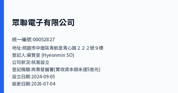 眾聯電子有限公司的照片-統編 00052827(桃園市) 公司登記資料與營業項目詳細圖表